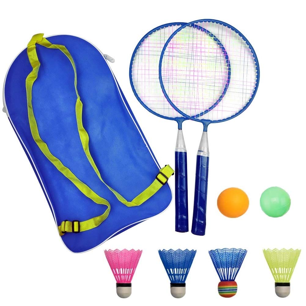 Badminton Racket for Children 1 Pair, Nylon Alloy Durable Badminton Racquet Set for Kids Indoor/Outdoor Sport Game（Including 4 Badminton and 2 Table Tennis） (Blue)