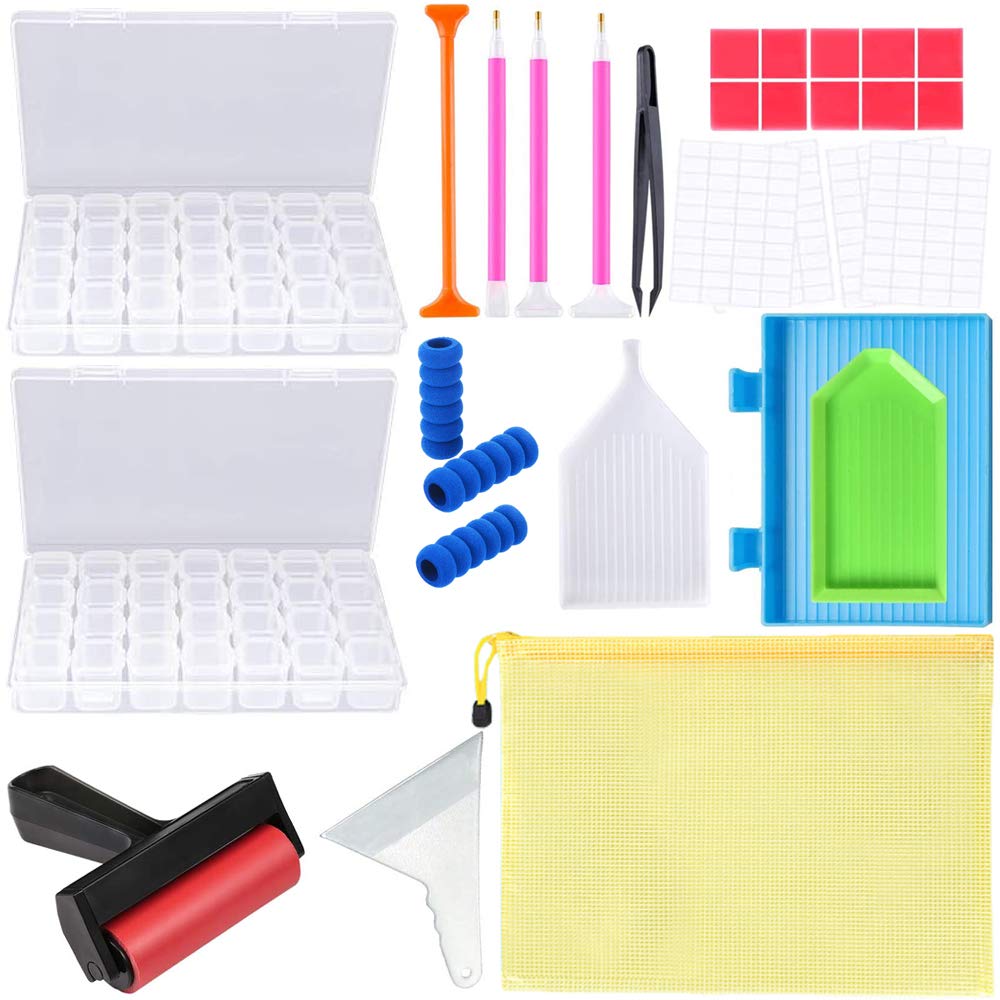 5D Diamond Painting Kits and Accessories with Diamond Painting Fix Tools and 2 Pack 28 grids Diamond Storage Boxes