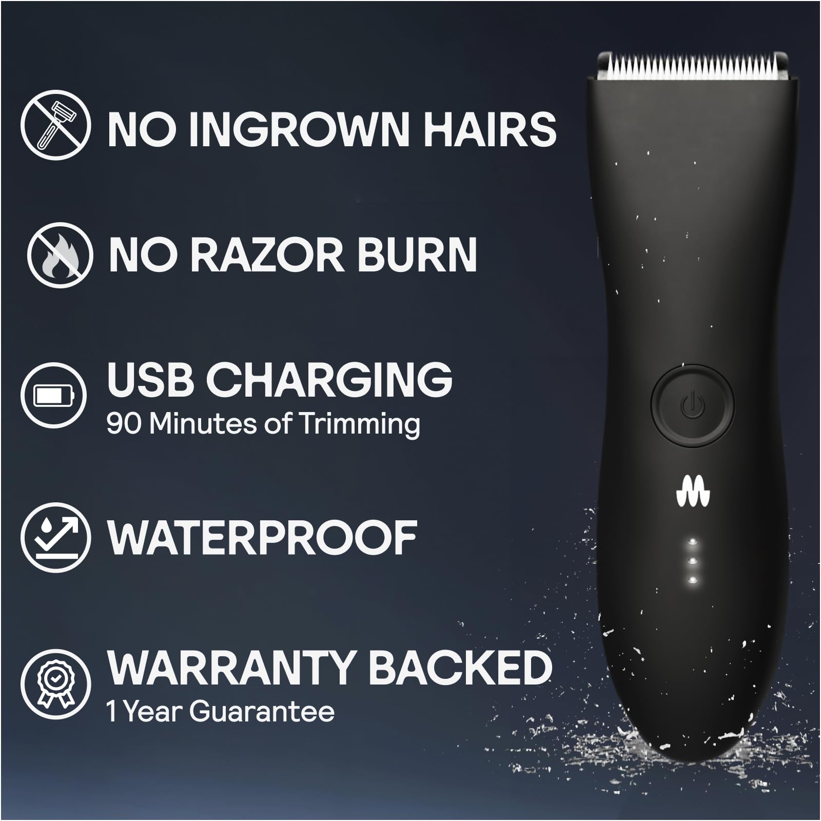 MERIDIAN Body Hair Trimmer for Men and Women - No Nick, No Cut, No Razor Burn Pubic, Groin and Body Shaver - Waterproof & Rechargeable Electric Full Body Groomer - Onyx