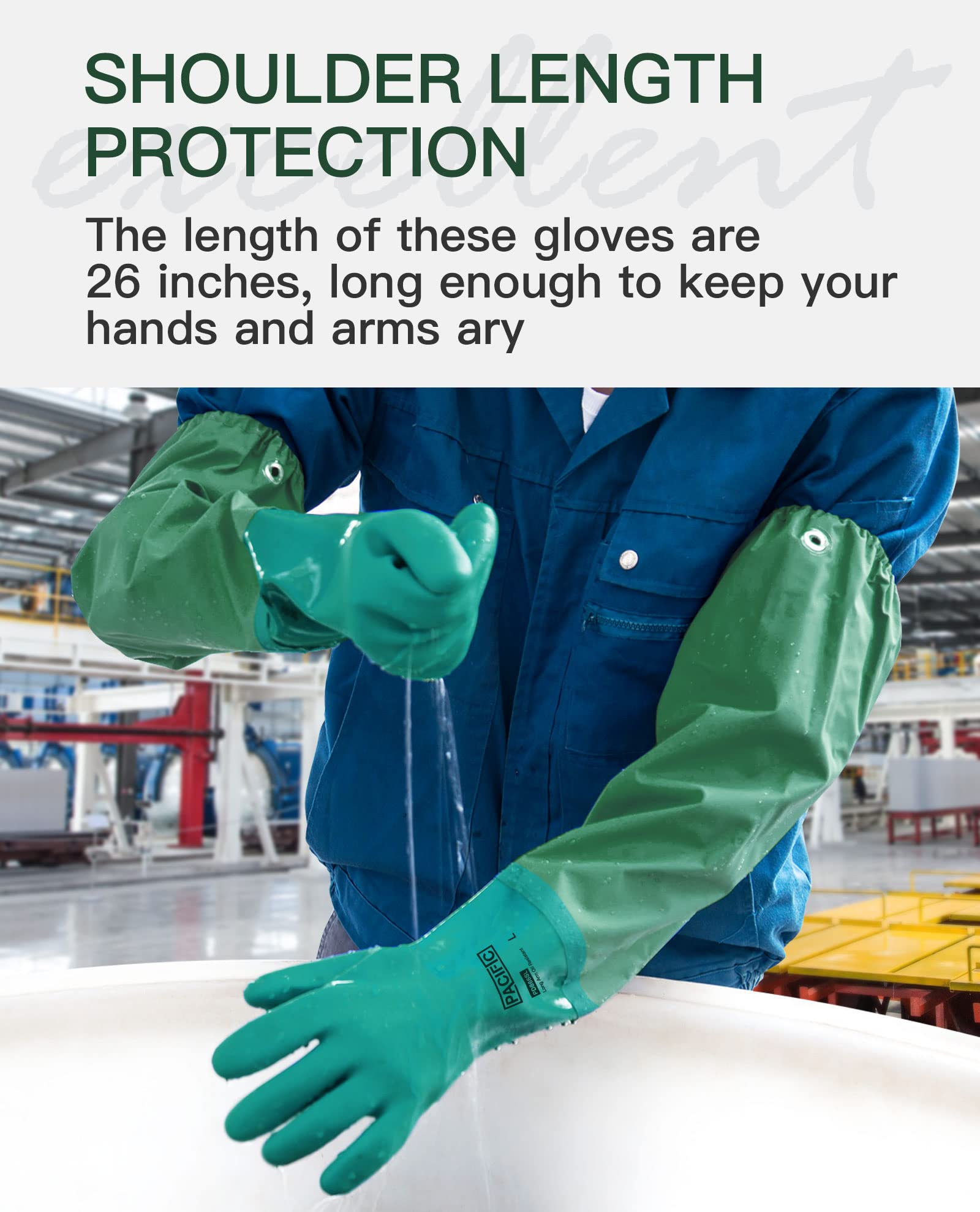 PACIFIC PPE 26" Rubber Gloves, Chemical Resistant Gloves PVC Reusable, Heavy Duty Waterproof Gloves with Cotton Liner, Anti-skid, Acid-alkali and Oil, Large