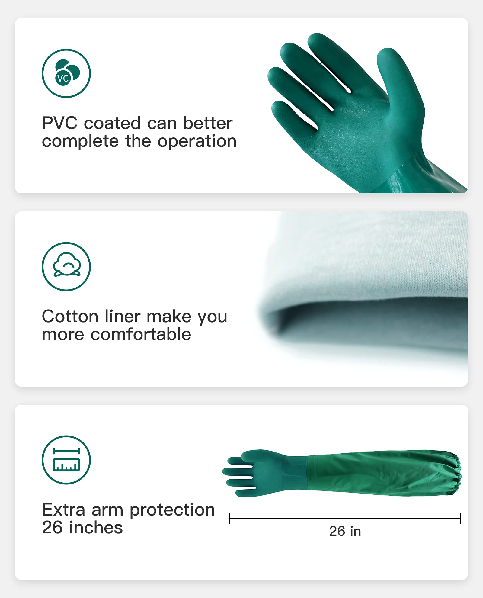 PACIFIC PPE 26" Rubber Gloves, Chemical Resistant Gloves PVC Reusable, Heavy Duty Waterproof Gloves with Cotton Liner, Anti-skid, Acid-alkali and Oil, Large