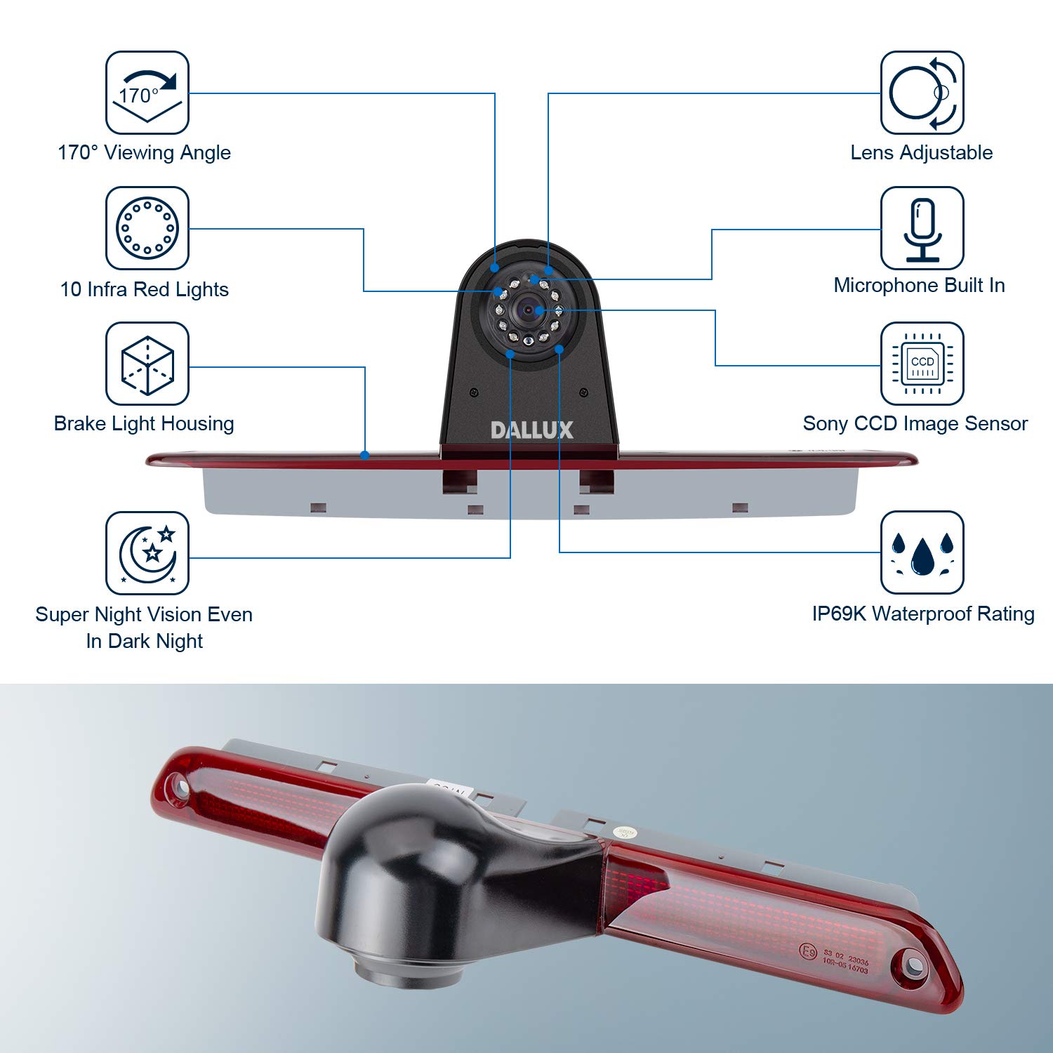 DALLUX Sprinter Brake Light Backup Rear View Camera for Benz Sprinter/VW Crafter Van,Car 3rd Wide Angle Waterproof Night Vision Microphone Built-in Adjustable Lens Roof Mount Reverse Cam