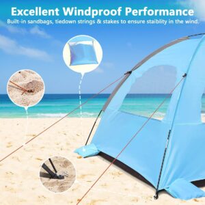 NXONE Beach Tent Sun Shade Shelter for 2-3 Person with UV Protection, Extended Floor, 3 Mesh Roll Up Windows & 8.0mm Fiberglass Rods丨Carry Bag Included (Ocean Blue)