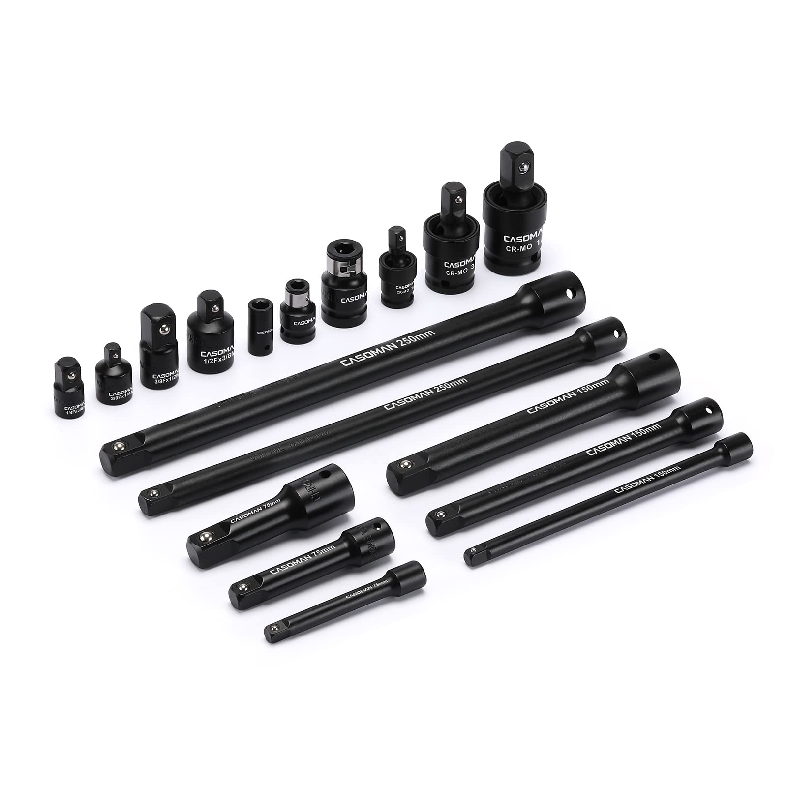 CASOMAN 18-Piece Drive Tool Accessory Set, Premium CR-V Steel with Black Phosphate Finish, Includes 1/2",3/8",1/4" Impact Universal Joint, Socket Adapters Extensions