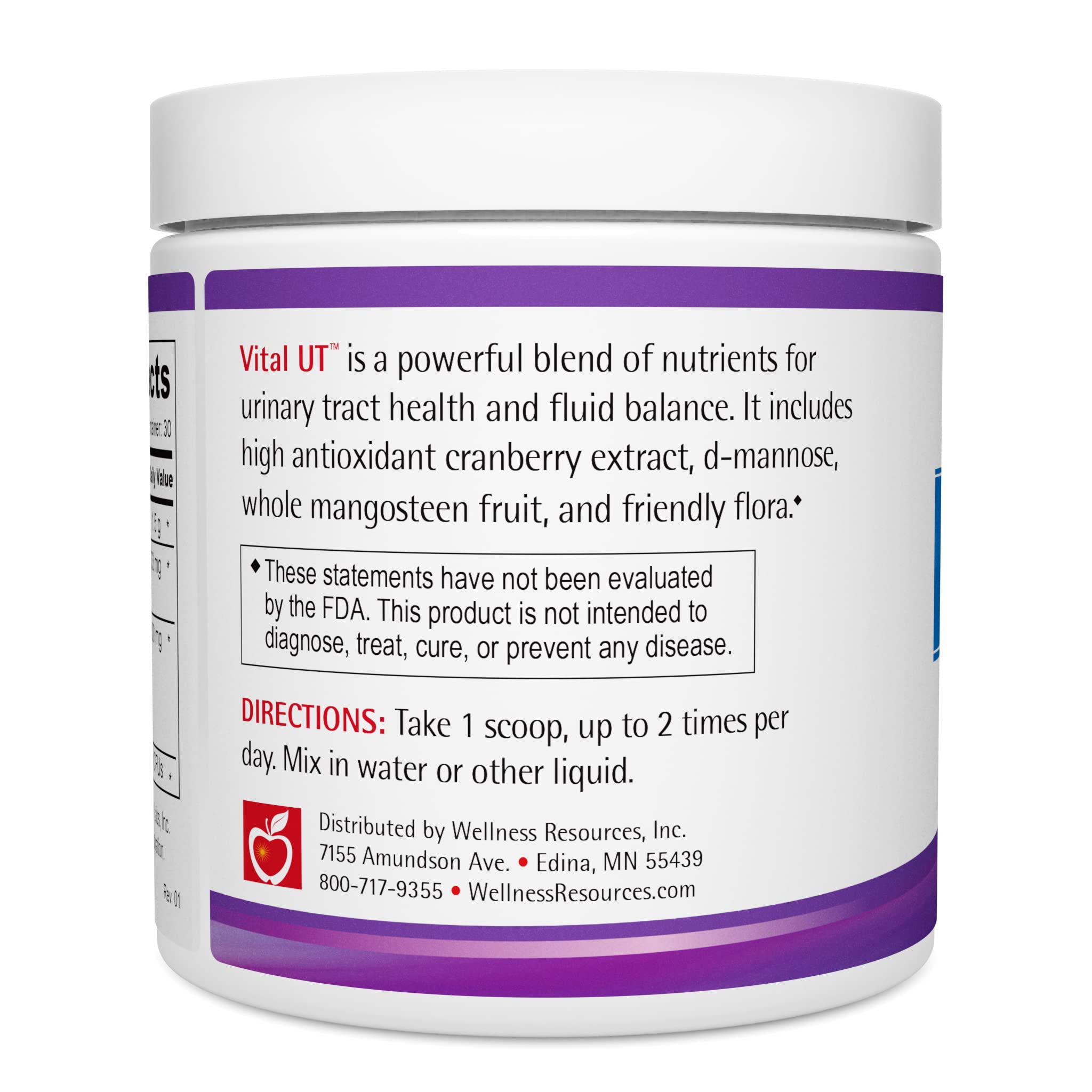 Wellness Resources Vital UT Urinary Tract Supplement with Cranberry (36mg PACs), d-Mannose, Mangosteen, and LactoSpore Probiotic (30 Servings, Powder)