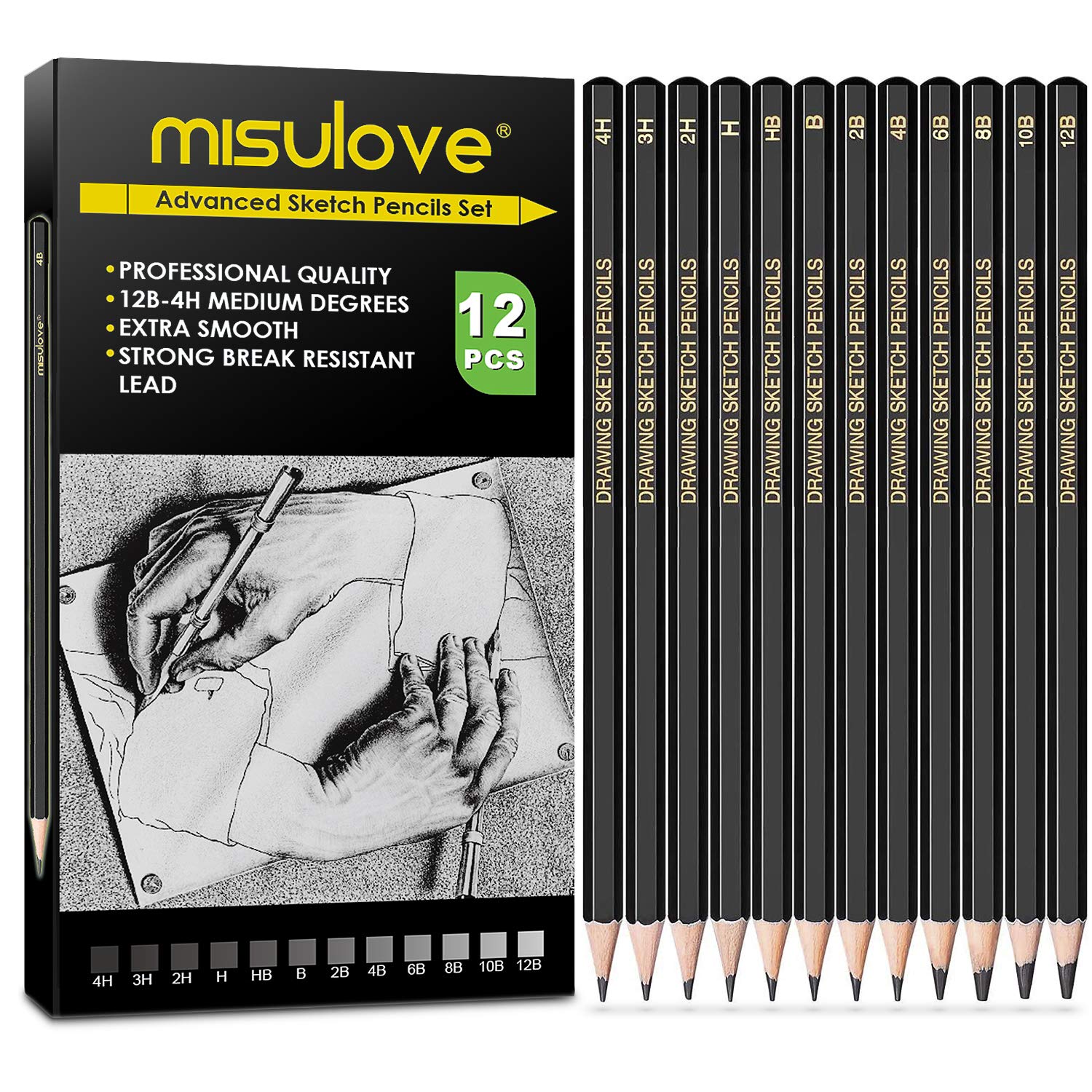 MISULOVE Professional Drawing Sketching Pencil Set - 12 Pieces Art Drawing Graphite Pencils(12B - 4H), Ideal for Drawing Art, Sketching, Shading, for Beginners & Pro Artists