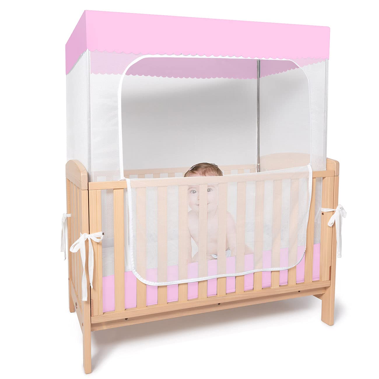 YeTrini Crib Safety Tent for Toddler Girls-See Through Mesh Crib Nets Mosquito Net Sturdy Crib Cover to Keep Baby from Climbing Out,to Keep Cats Out,to Keep Baby in-Pink