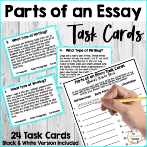 parts of an essay task cards: introduction, body paragraph, and conclusion