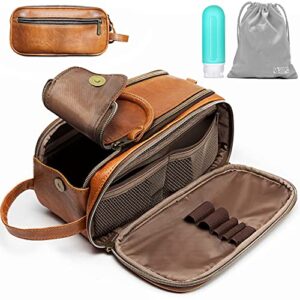 qs toiletry bag for men or women - dopp kit for travel. large cosmetic and bathroom shaving bag. toiletry organizer pu leather usa (medium, brown)