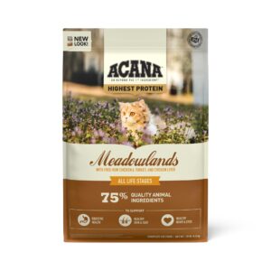 acana highest protein meadowlands grain-free dry cat food, free-run chicken and turkey and chicken liver cat food recipe, 10lb