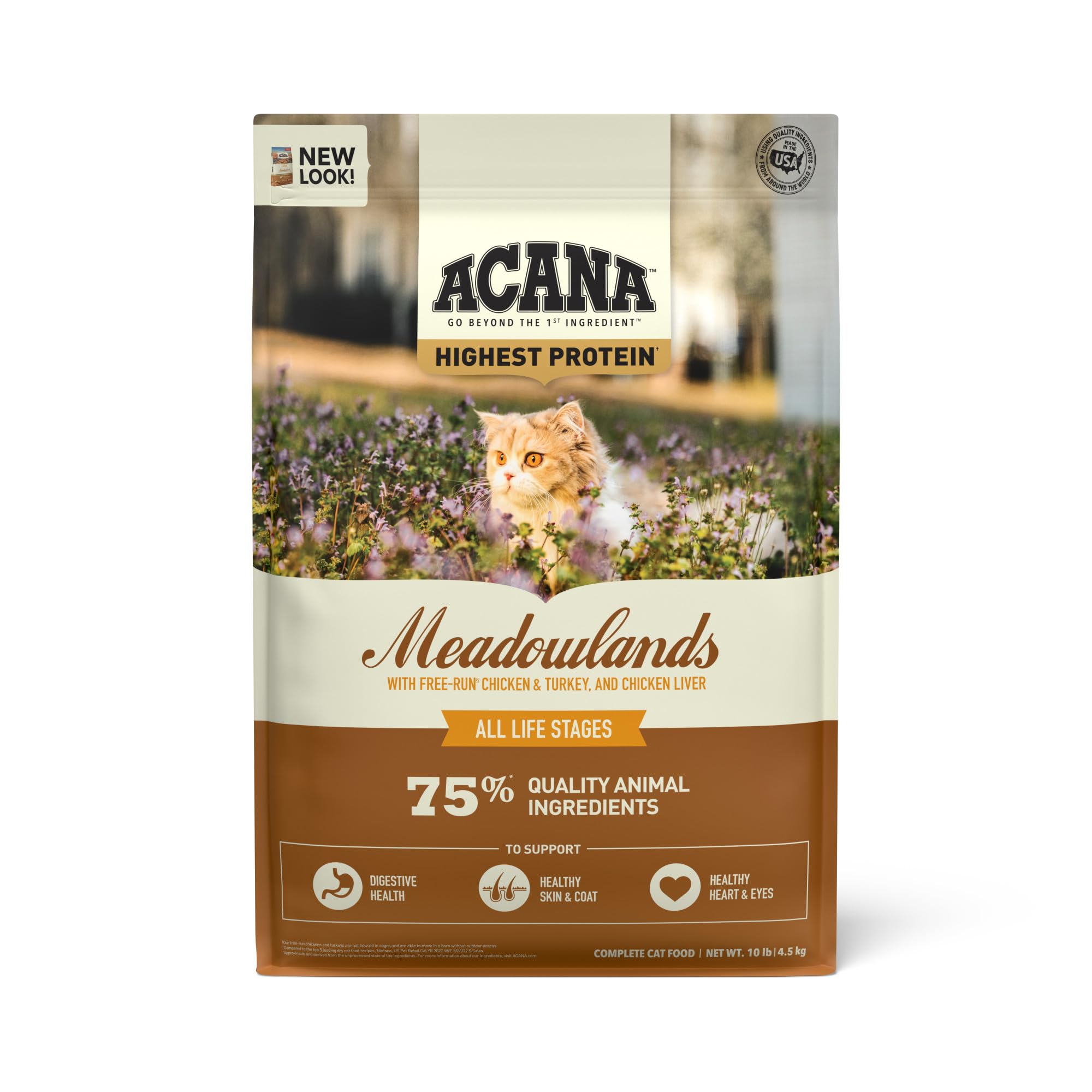 ACANA Highest Protein Meadowlands Grain-Free Dry Cat Food, Free-Run Chicken and Turkey and Chicken Liver Cat Food Recipe, 10lb