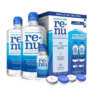 renu contact lens solution multipurpose disinfectant, advanced formula lens cleaner, cleans & moisturizes soft & silicon hydrogel lenses, multi-pack 16 fl oz (pack of 2) + 2 fl oz travel size