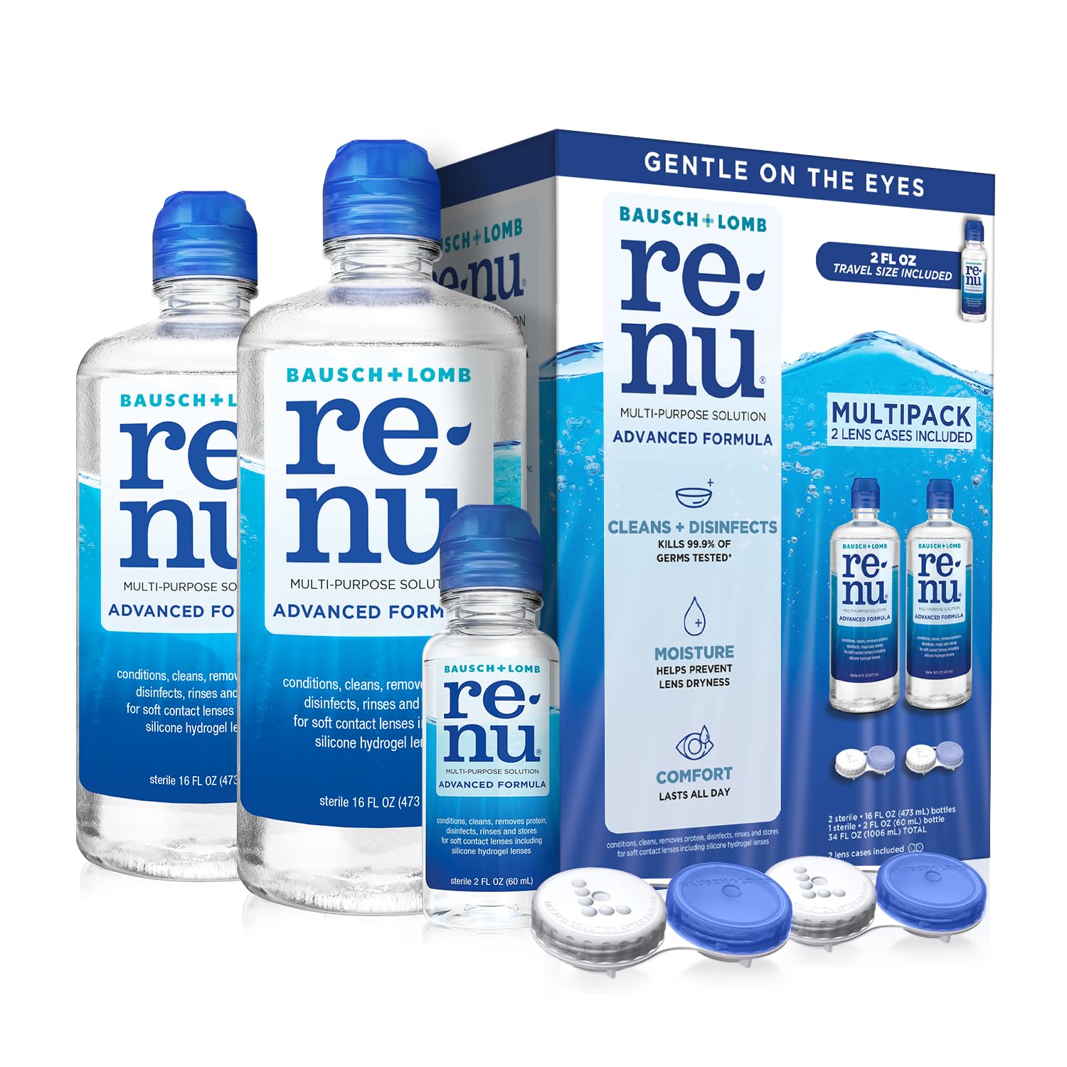 Renu Contact Lens Solution Multipurpose Disinfectant, Advanced Formula Lens Cleaner, Cleans & Moisturizes Soft & Silicon Hydrogel Lenses, Multi-Pack 16 Fl Oz (Pack of 2) + 2 Fl Oz Travel Size