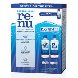 Renu Contact Lens Solution Multipurpose Disinfectant, Advanced Formula Lens Cleaner, Cleans & Moisturizes Soft & Silicon Hydrogel Lenses, Multi-Pack 16 Fl Oz (Pack of 2) + 2 Fl Oz Travel Size