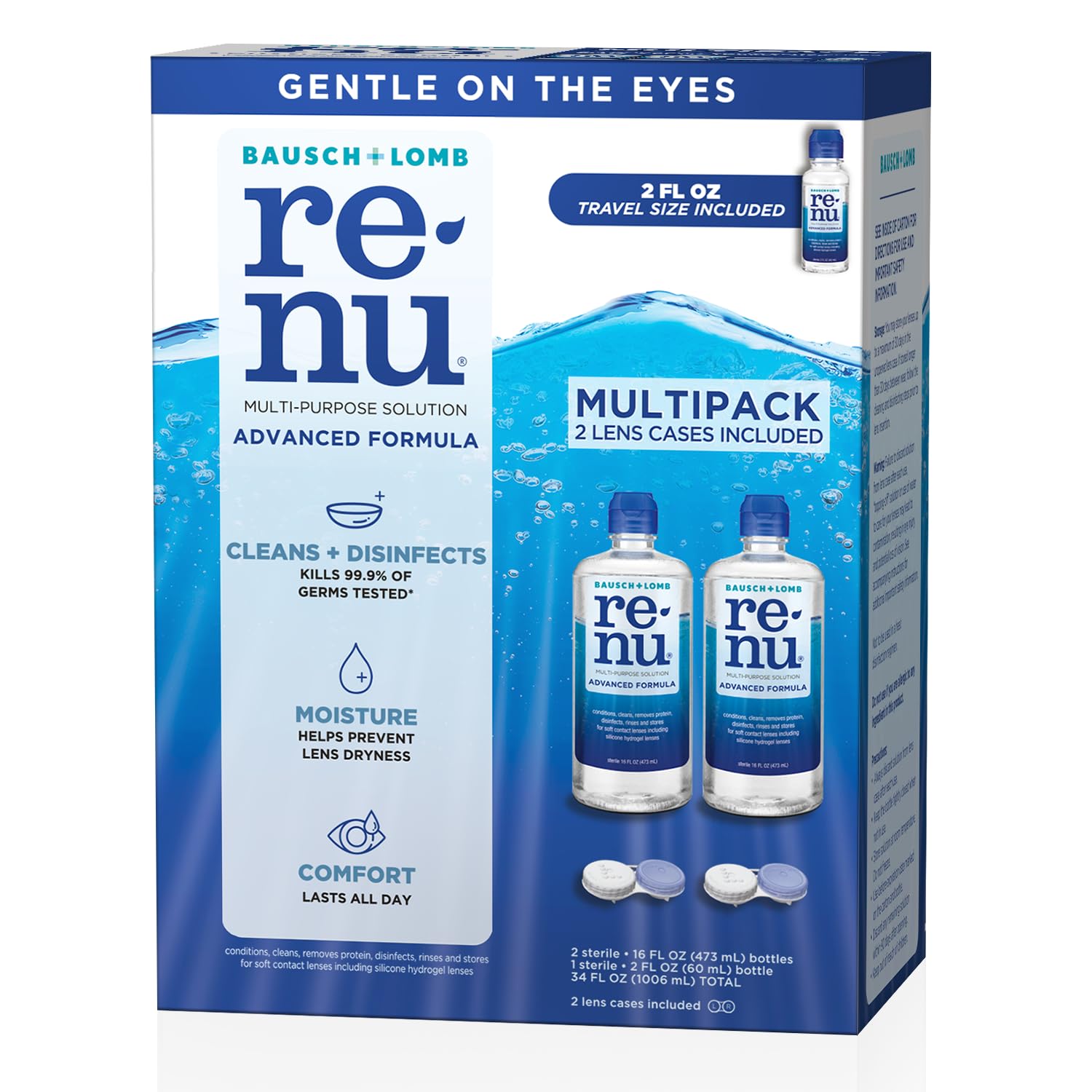 Renu Contact Lens Solution Multipurpose Disinfectant, Advanced Formula Lens Cleaner, Cleans & Moisturizes Soft & Silicon Hydrogel Lenses, Multi-Pack 16 Fl Oz (Pack of 2) + 2 Fl Oz Travel Size