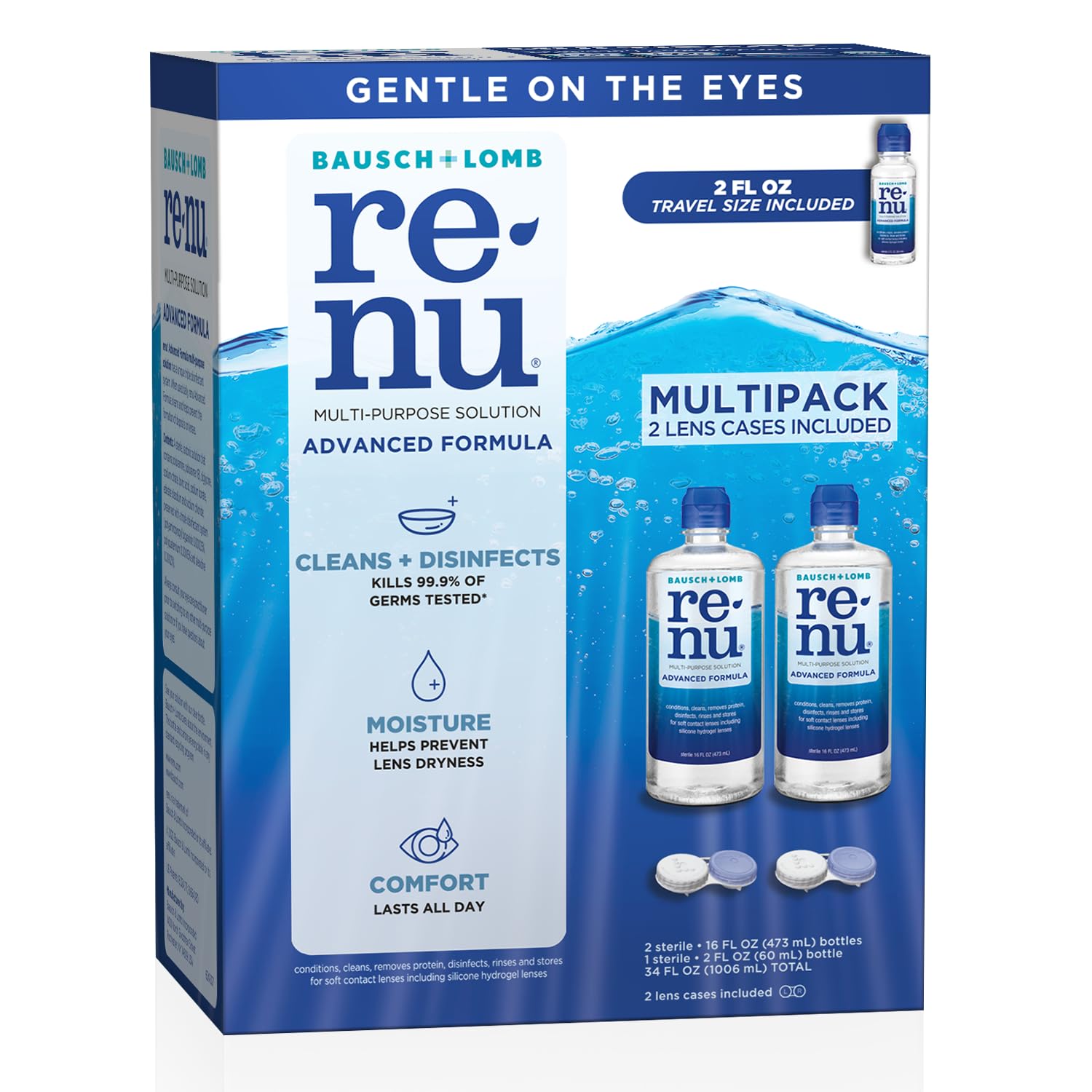 Renu Contact Lens Solution Multipurpose Disinfectant, Advanced Formula Lens Cleaner, Cleans & Moisturizes Soft & Silicon Hydrogel Lenses, Multi-Pack 16 Fl Oz (Pack of 2) + 2 Fl Oz Travel Size