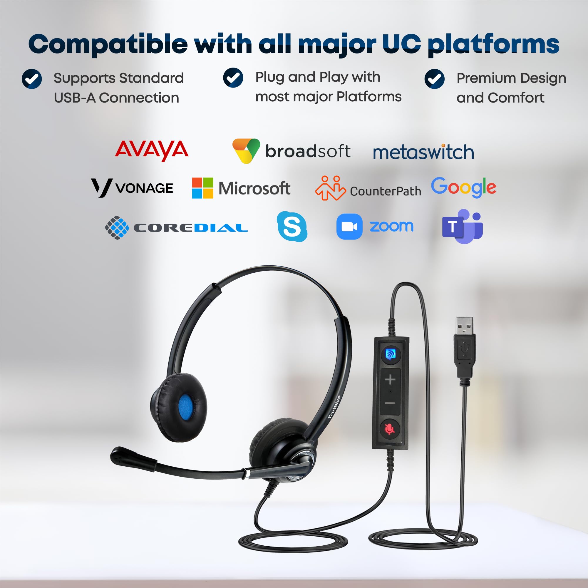 VoicePro 20 Professional Home Office and Call Center USB Headset with Noise Canceling Microphone, HD Speakers and in Line Call Controls with Mute, Compatible with All UC Voice Platforms.