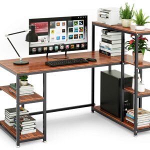 55 Inch Computer Desk with Shelves Monitor Shelf Stand Storage 4 Tier Shelves Large Writing Desk Study Table Space Saving for Home Office Laptop Computer Workstation