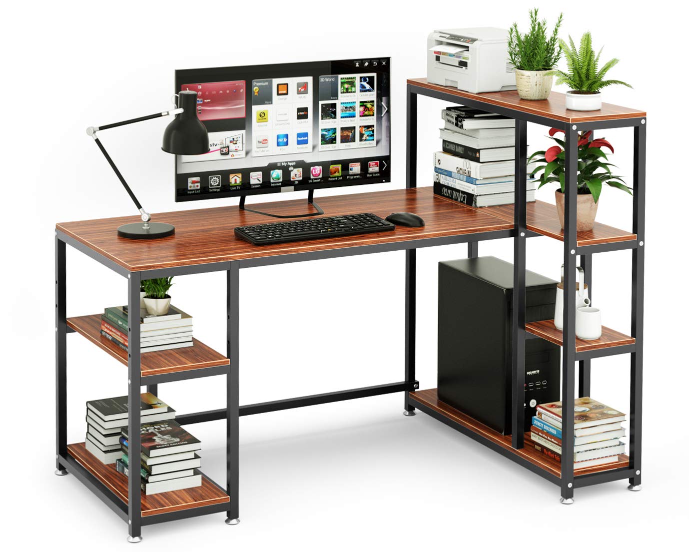 55 Inch Computer Desk with Shelves Monitor Shelf Stand Storage 4 Tier Shelves Large Writing Desk Study Table Space Saving for Home Office Laptop Computer Workstation