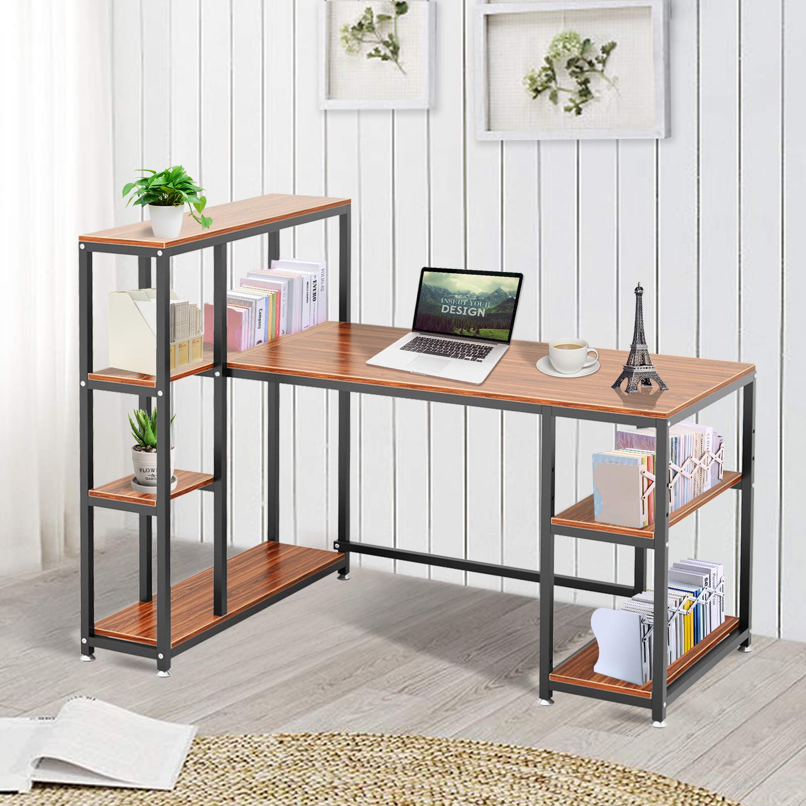 55 Inch Computer Desk with Shelves Monitor Shelf Stand Storage 4 Tier Shelves Large Writing Desk Study Table Space Saving for Home Office Laptop Computer Workstation