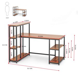 55 Inch Computer Desk with Shelves Monitor Shelf Stand Storage 4 Tier Shelves Large Writing Desk Study Table Space Saving for Home Office Laptop Computer Workstation