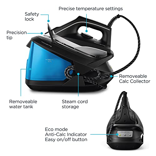 Rowenta Compact Stainless Steel Soleplate Professional Steam Station for Clothes, 57 Ounce Removable Tank, Lightweight, Compact 1500 Watts Iron, Fabric Steamer, Garment Steamer Black and Blue, VR8324.