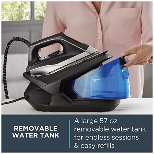 Rowenta Compact Stainless Steel Soleplate Professional Steam Station for Clothes, 57 Ounce Removable Tank, Lightweight, Compact 1500 Watts Iron, Fabric Steamer, Garment Steamer Black and Blue, VR8324.