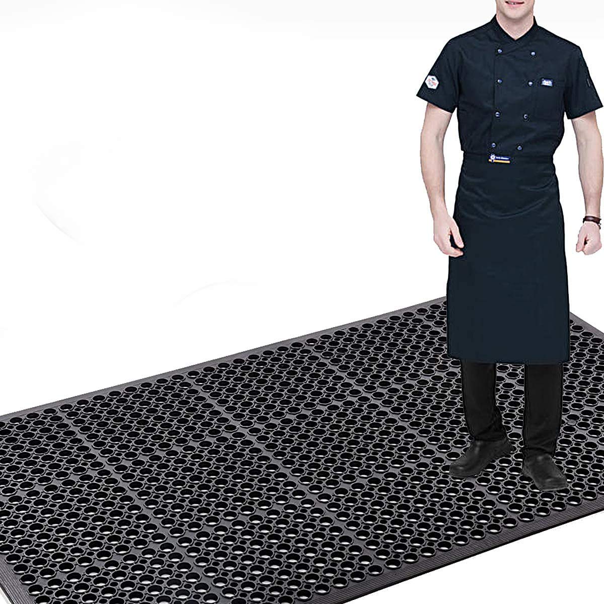 MYOYAY 83"x 36" Commercial Anti-Fatigue Drainage Rubber Mat Roll Non-Slip Rubber Drainage Mat Heavy Duty Commercial Restaurant Bar Rubber Floor Mat with Holes Non-Slip Wet Area Use Door Mat Black