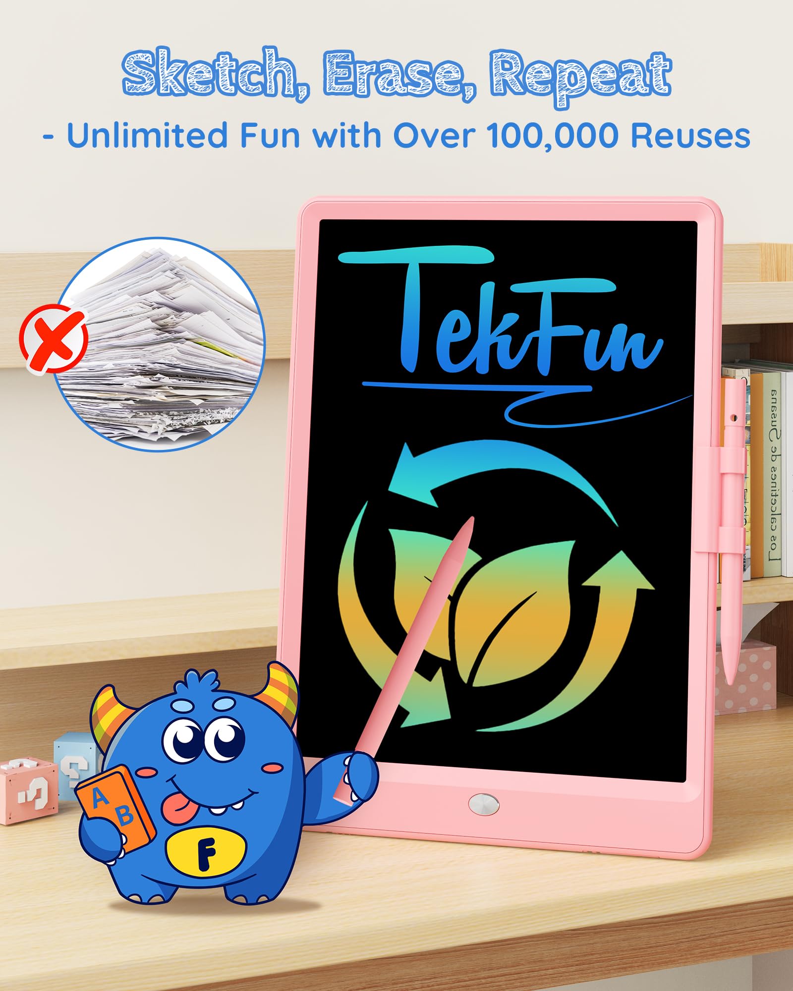 TEKFUN LCD Writing Tablet Doodle Board, 8.5inch Colorful Drawing Tablet Writing Pad, Kids Gifts Toys for 3 4 5 6 7 Year Old Kids, Erasable Doodle Pad Toddler Travel Car Toy Road Trip Activity (Pink)