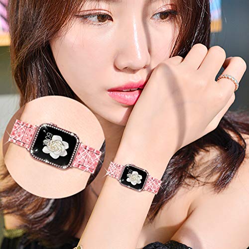 Mosonio Compatible with Apple Watch Band 40mm with Case Women, Jewelry Replacement Metal Wristband Strap with 2 Pack Bling PC Protective Cover for iWatch Series 6/5/4(Pink)