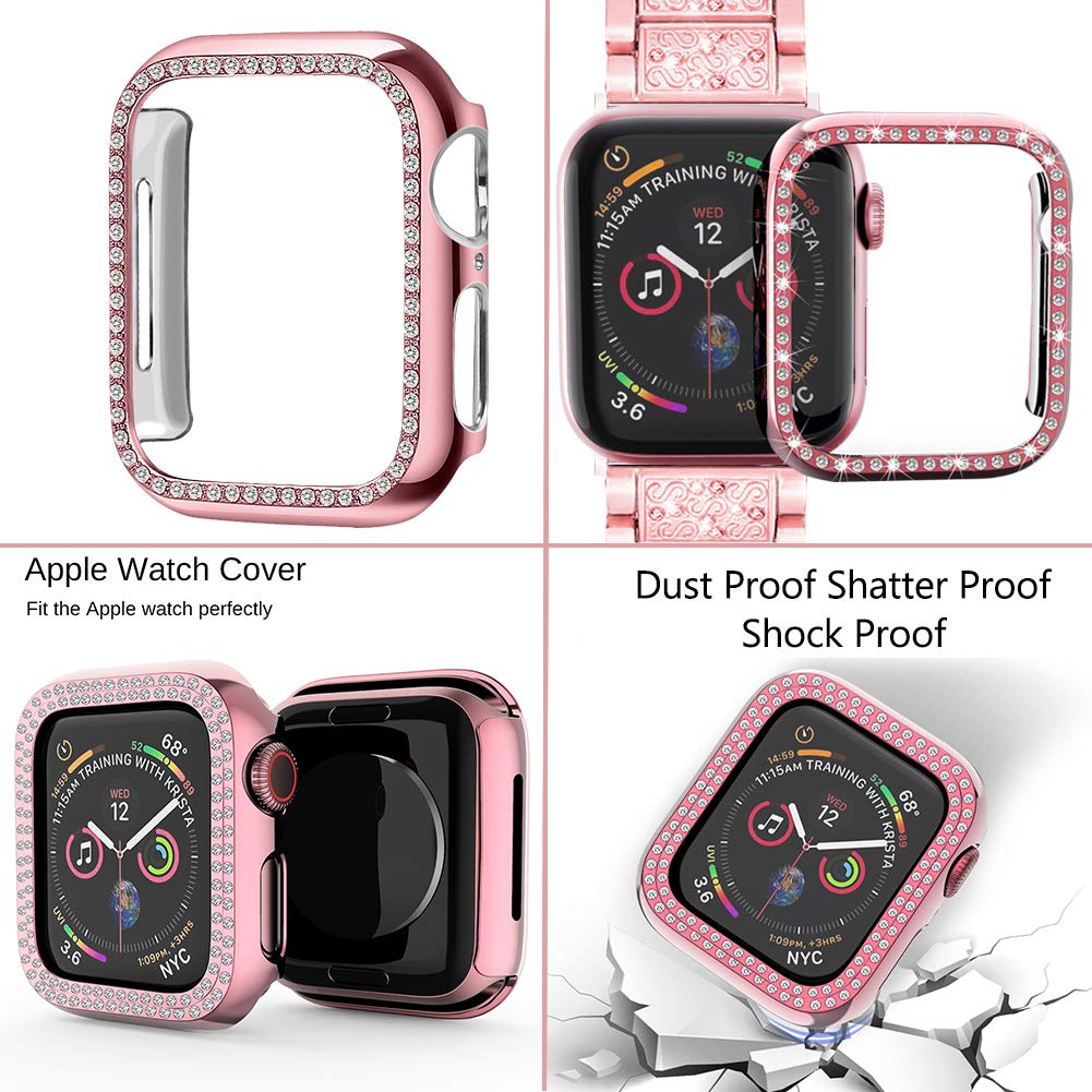 Mosonio Compatible with Apple Watch Band 40mm with Case Women, Jewelry Replacement Metal Wristband Strap with 2 Pack Bling PC Protective Cover for iWatch Series 6/5/4(Pink)