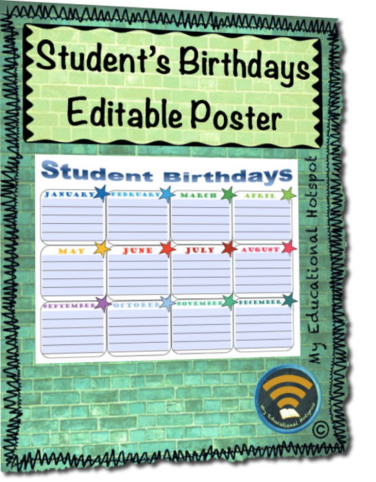 Students' Birthdays Editable Poster