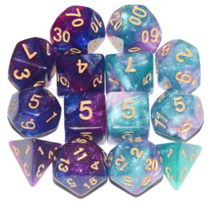 galaxy dnd dice 2 x 7sets, 14pieces glitter sparkle cosmic mixed polyhedral dnd dice for rpg mtg table game dice