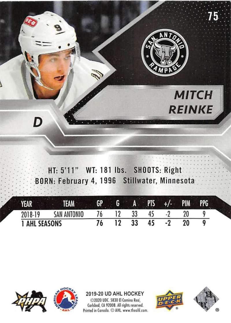 2019-20 Upper Deck AHL #75 Mitch Reinke RC Rookie San Antonio Rampage Hockey Trading Card