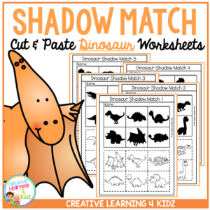 shadow matching dinosaur cut & paste worksheets