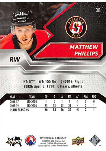 2019-20 Upper Deck AHL #38 Matthew Phillips RC Rookie Stockton Heat Hockey Trading Card