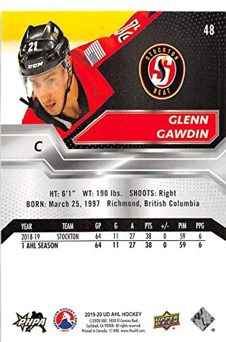 2019-20 Upper Deck AHL #48 Glenn Gawdin RC Rookie Stockton Heat Hockey Trading Card