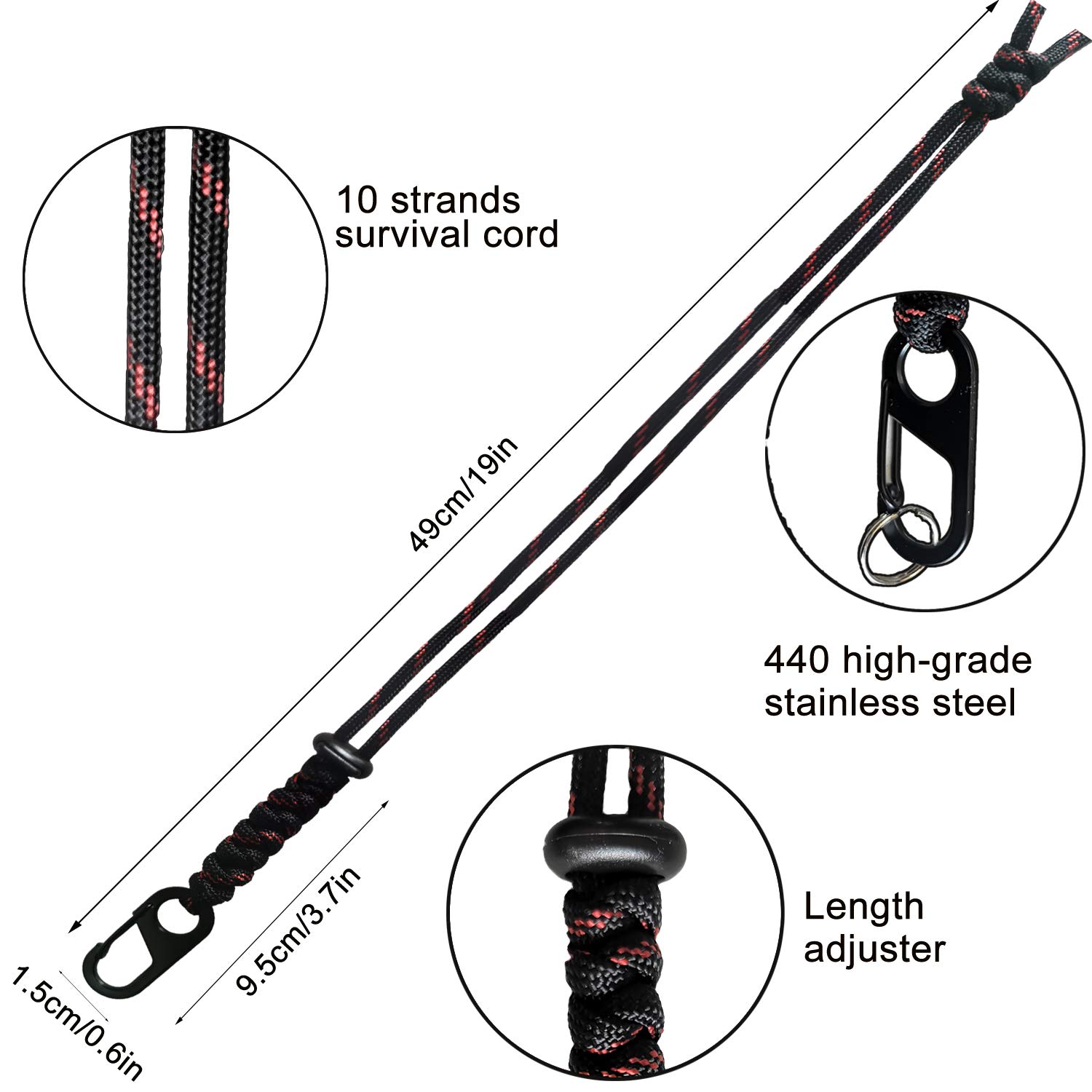 BSGB 2PCS Paracord Lanyard Adjustable Neck Strap Keychain Survival 550 Fish & Fire Cord Military Grade Parachute Rope with Metal Hook for Outdoor