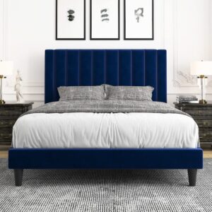 allewie queen platform bed frame/velvet upholstered bed frame with vertical channel tufted headboard/strong wooden slats/mattress foundation/box spring optional/easy assembly/navy blue