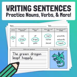 practice writing sentences – using nouns, verbs, adjectives, and adverbs – no prep worksheet pack