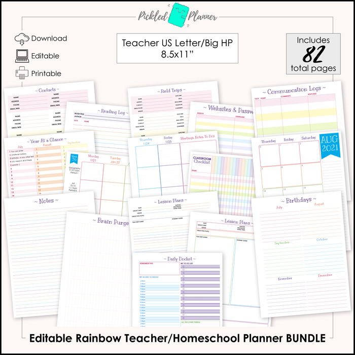 Editable Rainbow Teacher/Homeschool Planner BUNDLE