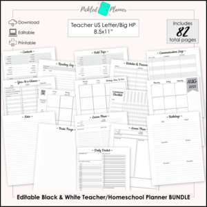 editable black & white teacher/homeschool planner bundle