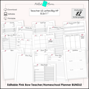 editable pink bow teacher/homeschool planner bundle