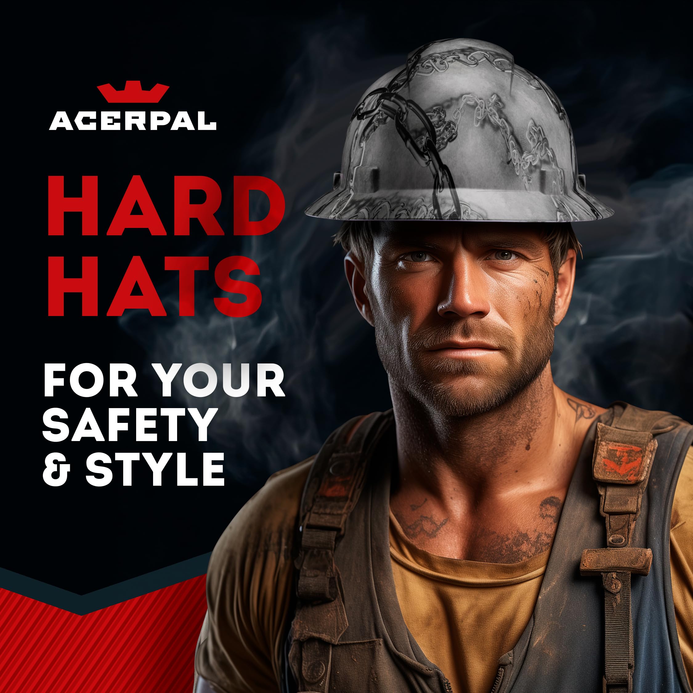 Acerpal Full Brim Non-Vented Chain Art Design Matte Finish OSHA Hard Hat with 6 Point Suspension