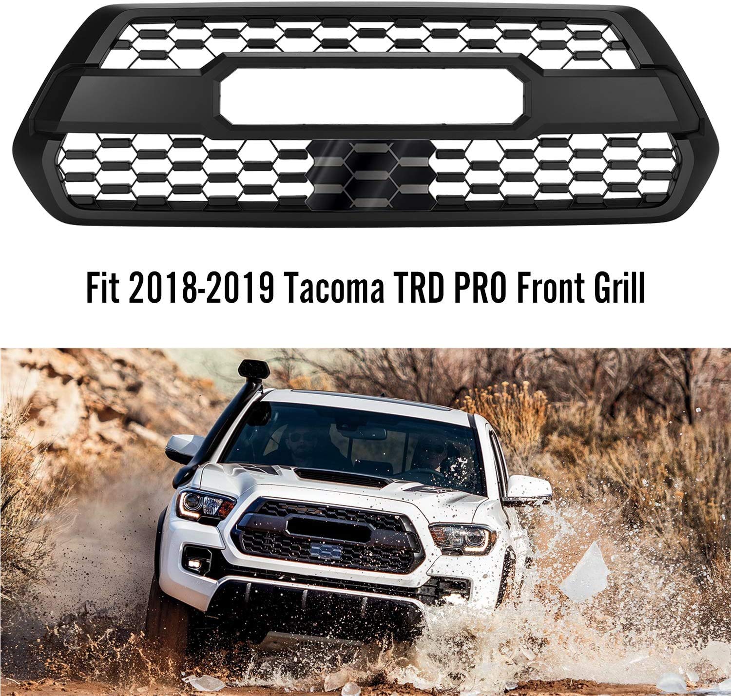 Front Grille Garnish Sensor Cover, Black & Silver, Aftermarket Replacement for 2018-2019 Toyota Tacoma TRD PRO Grille Only Replaces Part # 53141-35060 (Grille Sensor Cover)