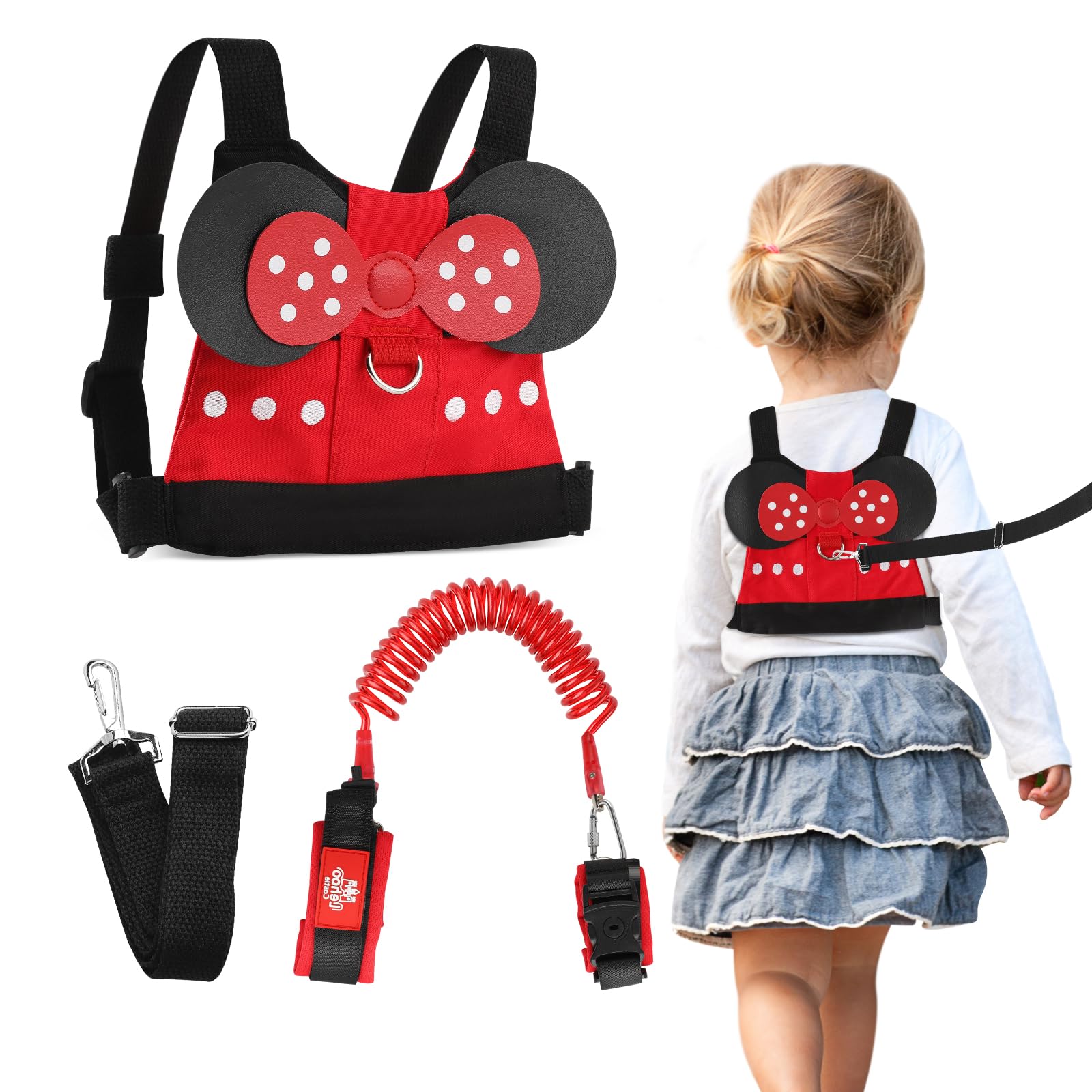 Toddlers Leash for Walking + Anti Lost Wrist Link Safety Wrist 4 in 1 for Toddlers, Child, Babies & Kids, Safety Harness Kids Walking Wristband Assistant Strap Belt (Red Minnie Toddler Leash)