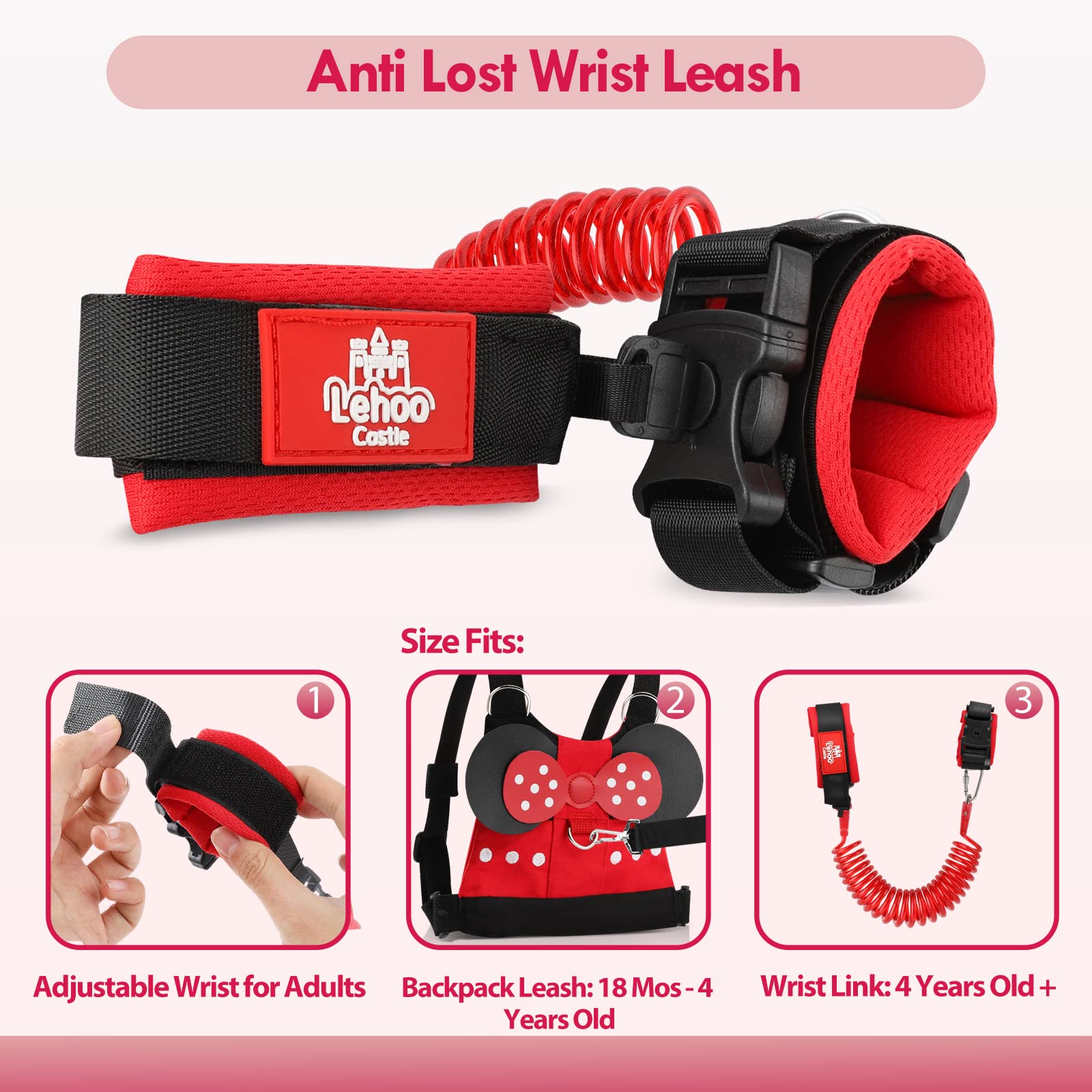 Toddlers Leash for Walking + Anti Lost Wrist Link Safety Wrist 4 in 1 for Toddlers, Child, Babies & Kids, Safety Harness Kids Walking Wristband Assistant Strap Belt (Red Minnie Toddler Leash)