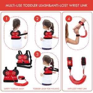 Toddlers Leash for Walking + Anti Lost Wrist Link Safety Wrist 4 in 1 for Toddlers, Child, Babies & Kids, Safety Harness Kids Walking Wristband Assistant Strap Belt (Red Minnie Toddler Leash)