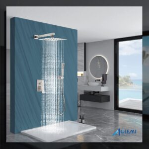 Aolemi Rainfall Shower System 12 Inch Shower Head Brushed Nikcel Combo Set with Handheld Shower Rough-In Valve Included Wall Mount Bathroom Shower Mixer Faucet