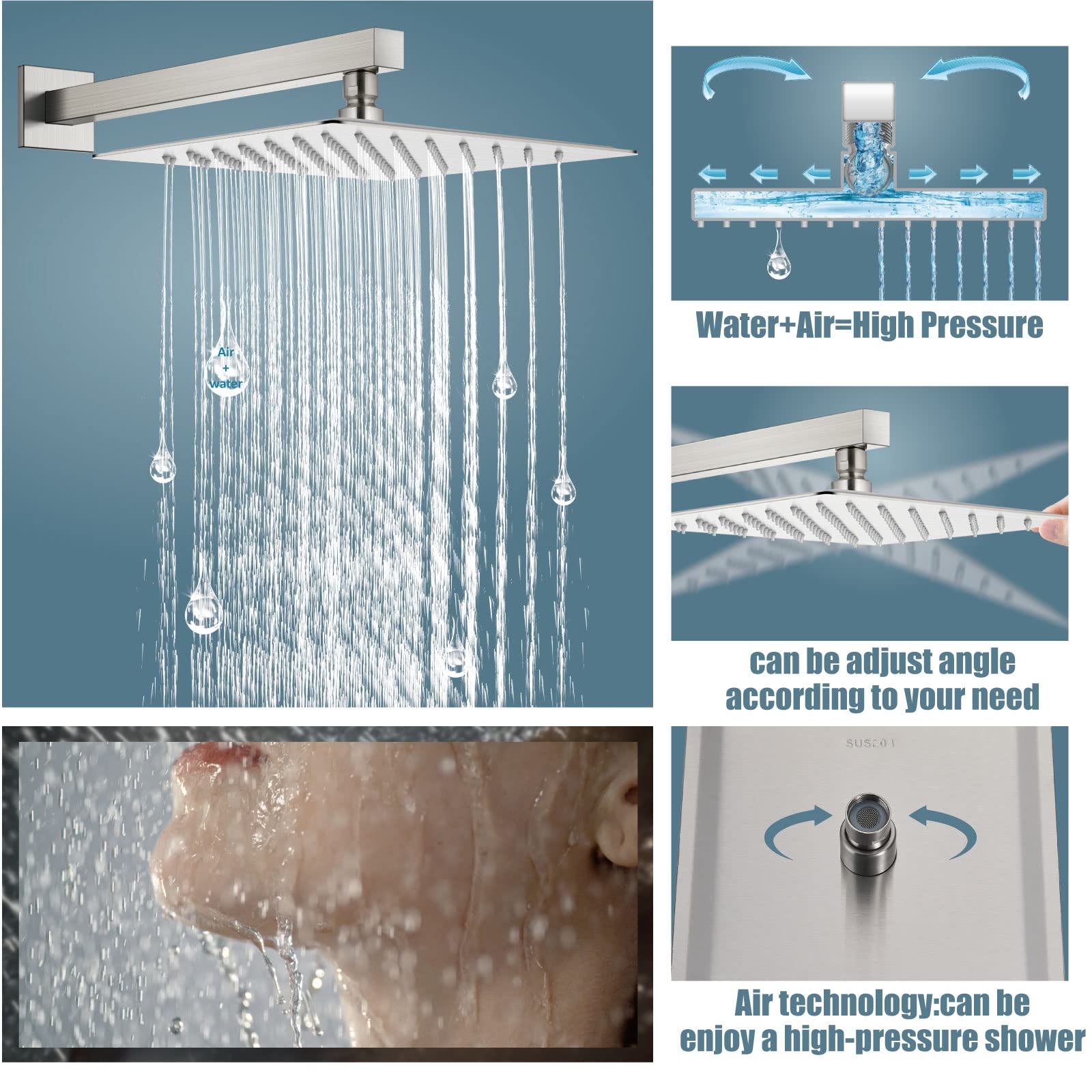 Aolemi Rainfall Shower System 12 Inch Shower Head Brushed Nikcel Combo Set with Handheld Shower Rough-In Valve Included Wall Mount Bathroom Shower Mixer Faucet